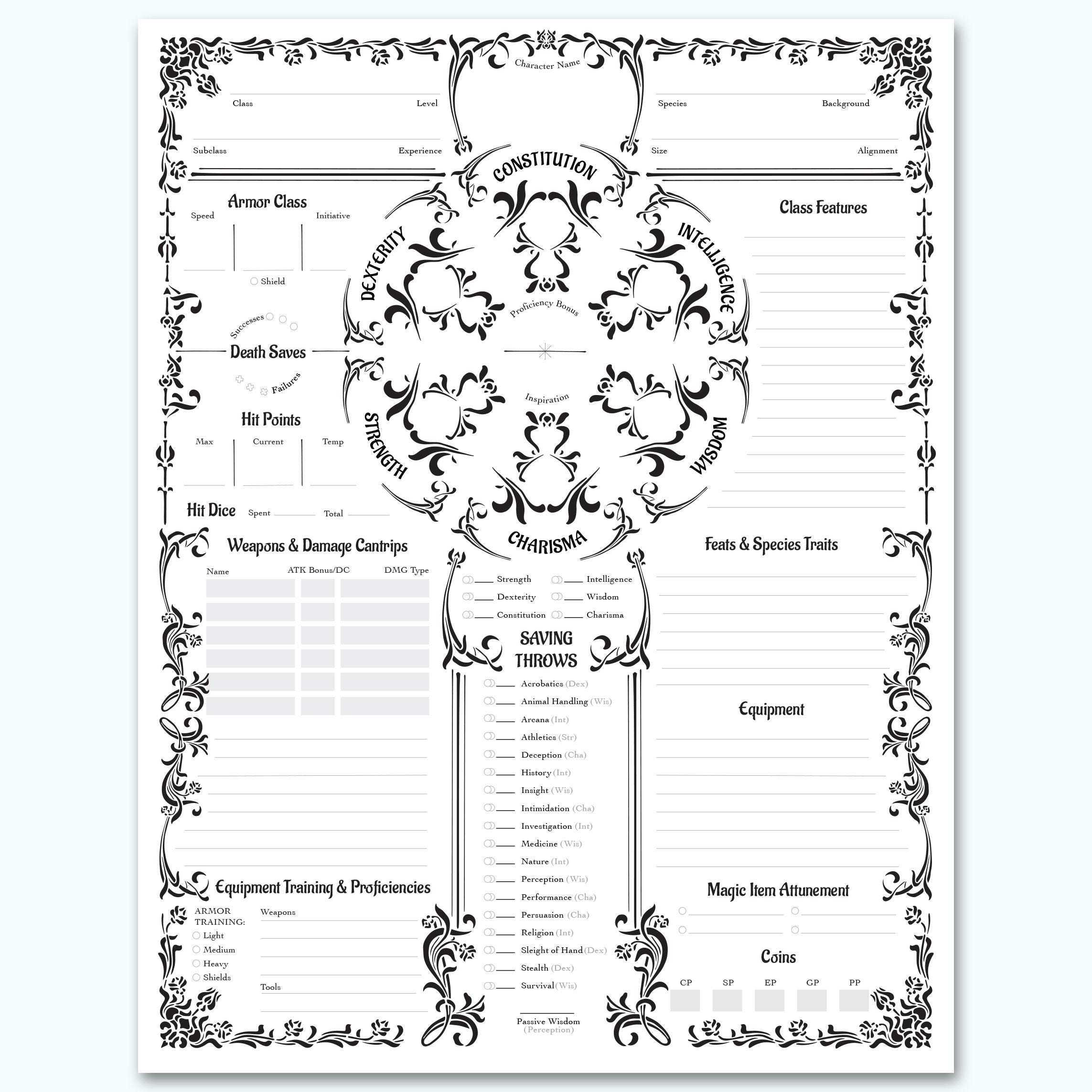 2024 Dnd Character Sheet: Art Nouveau Floral Design (printable Pdfs) - Etsy