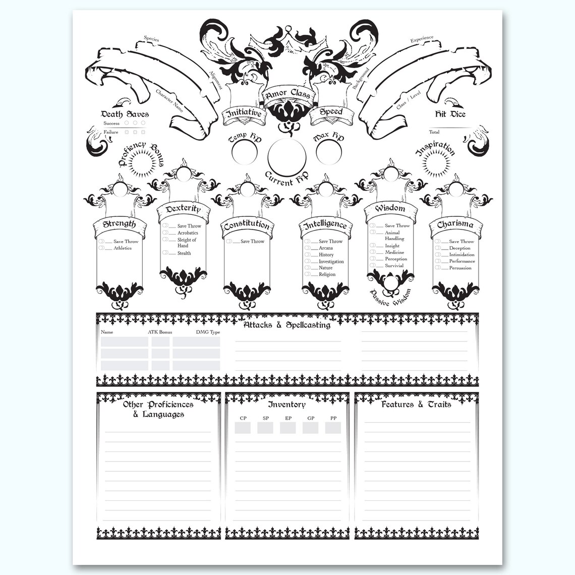 Dnd 5e Character Sheet: Medieval Knight Paladin Design (printable Pdfs ...