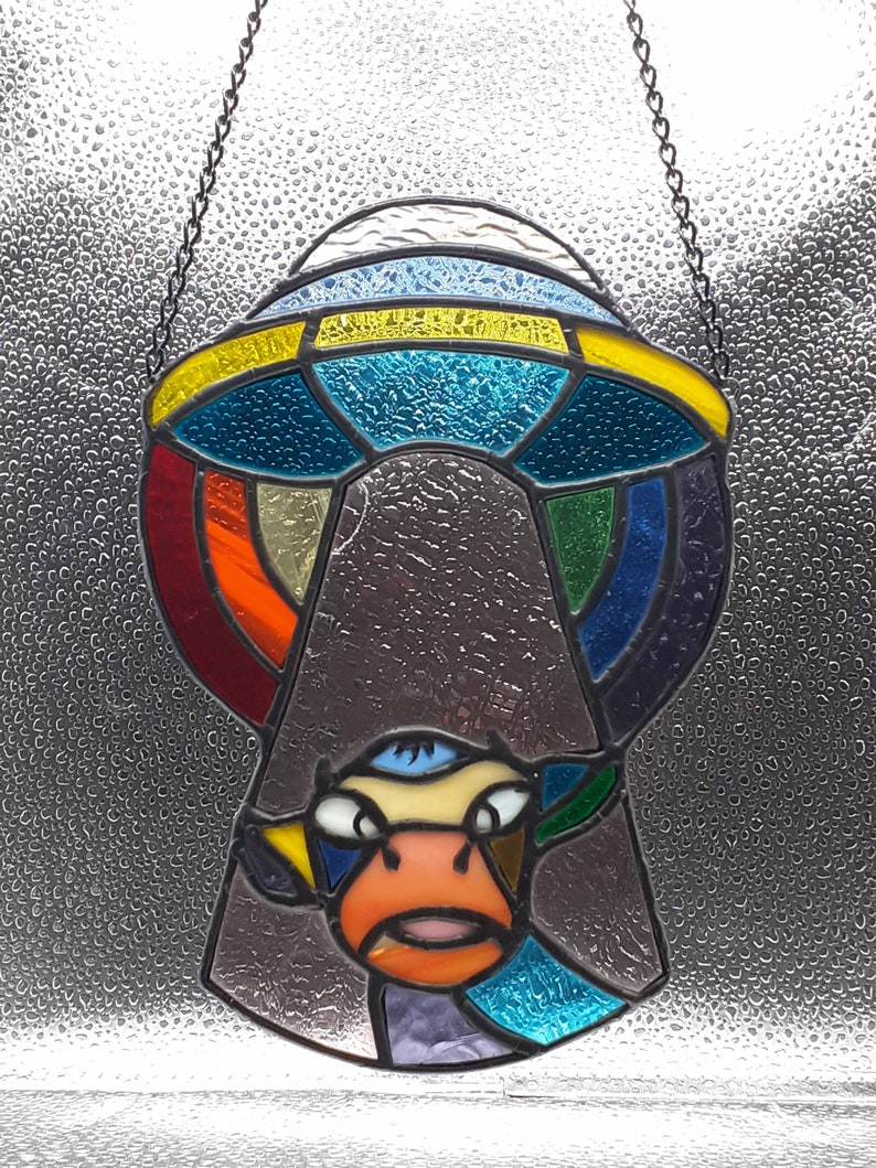 UFO Stained Glass Stained Glass Cow Alien Ufo Suncatcher - Etsy