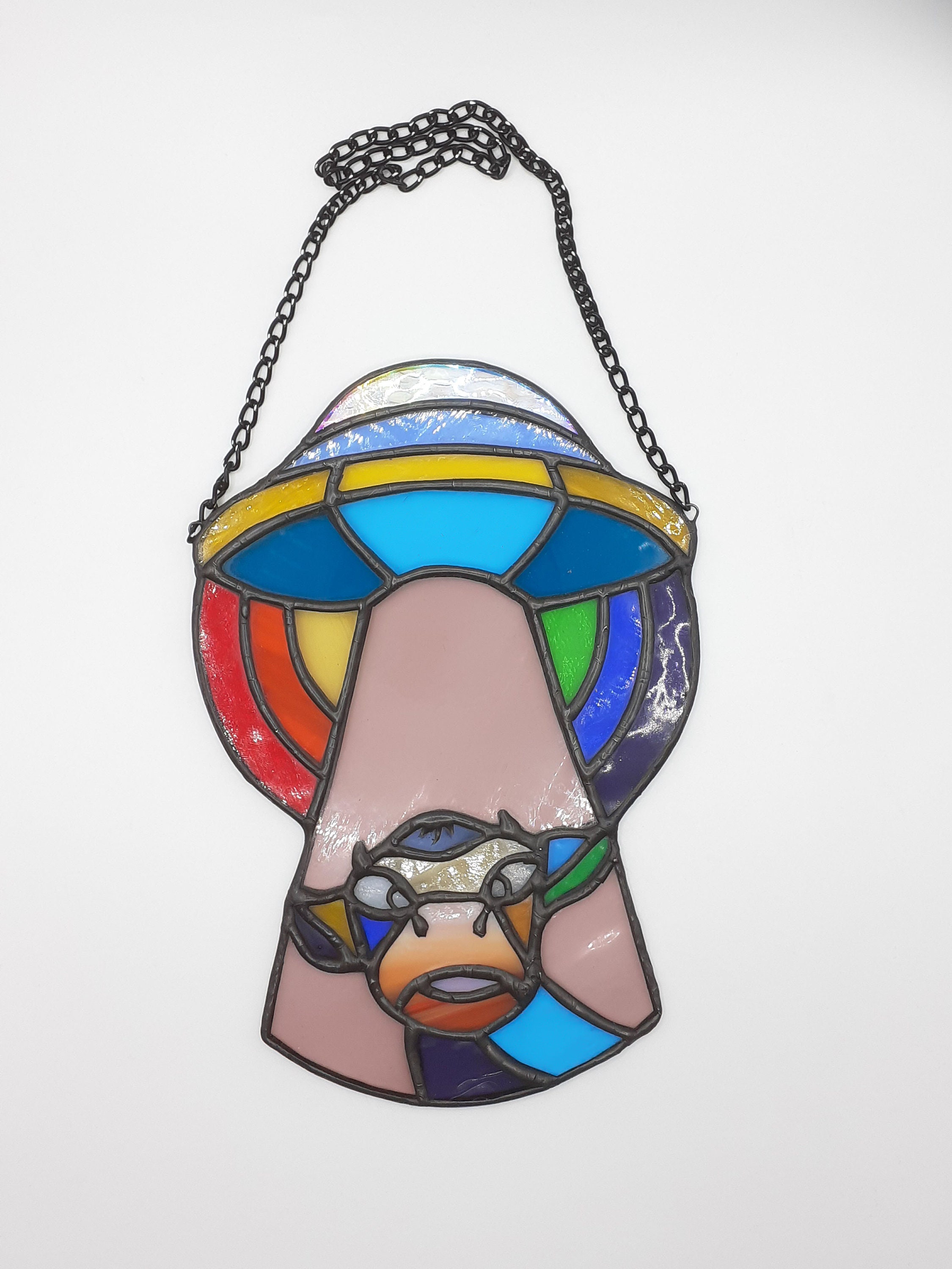 UFO Stained Glass, Stained Glass Cow Alien, Ufo Suncatcher, Alien ...