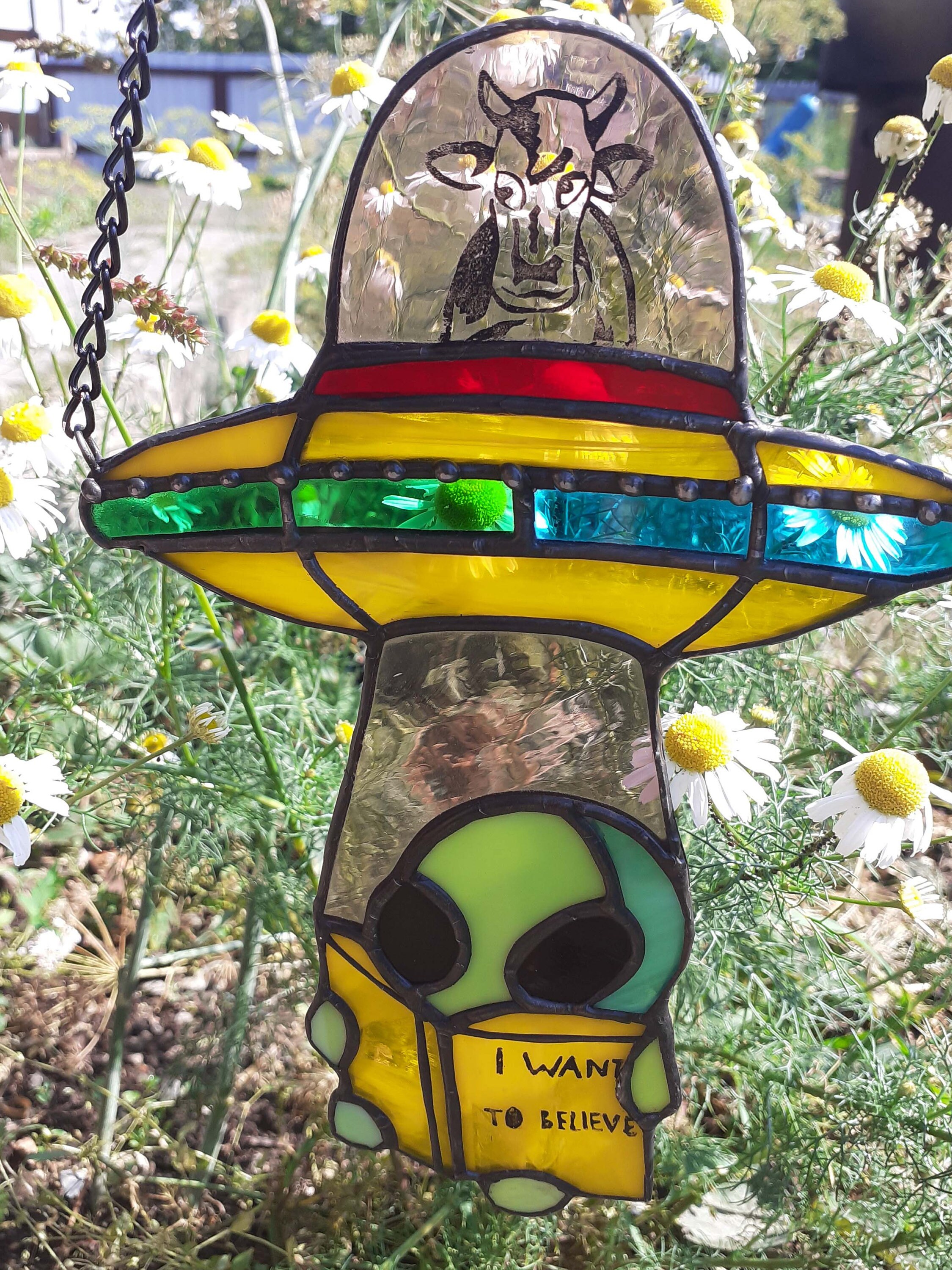 Ufo Stained Glass Stained Glass Window Hangings Ufo Suncatcher Alien Ornament Alien Stained