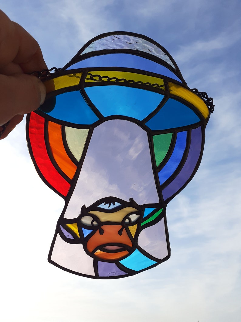 UFO Stained Glass, Stained Glass Cow Alien, Ufo Suncatcher, Alien ...