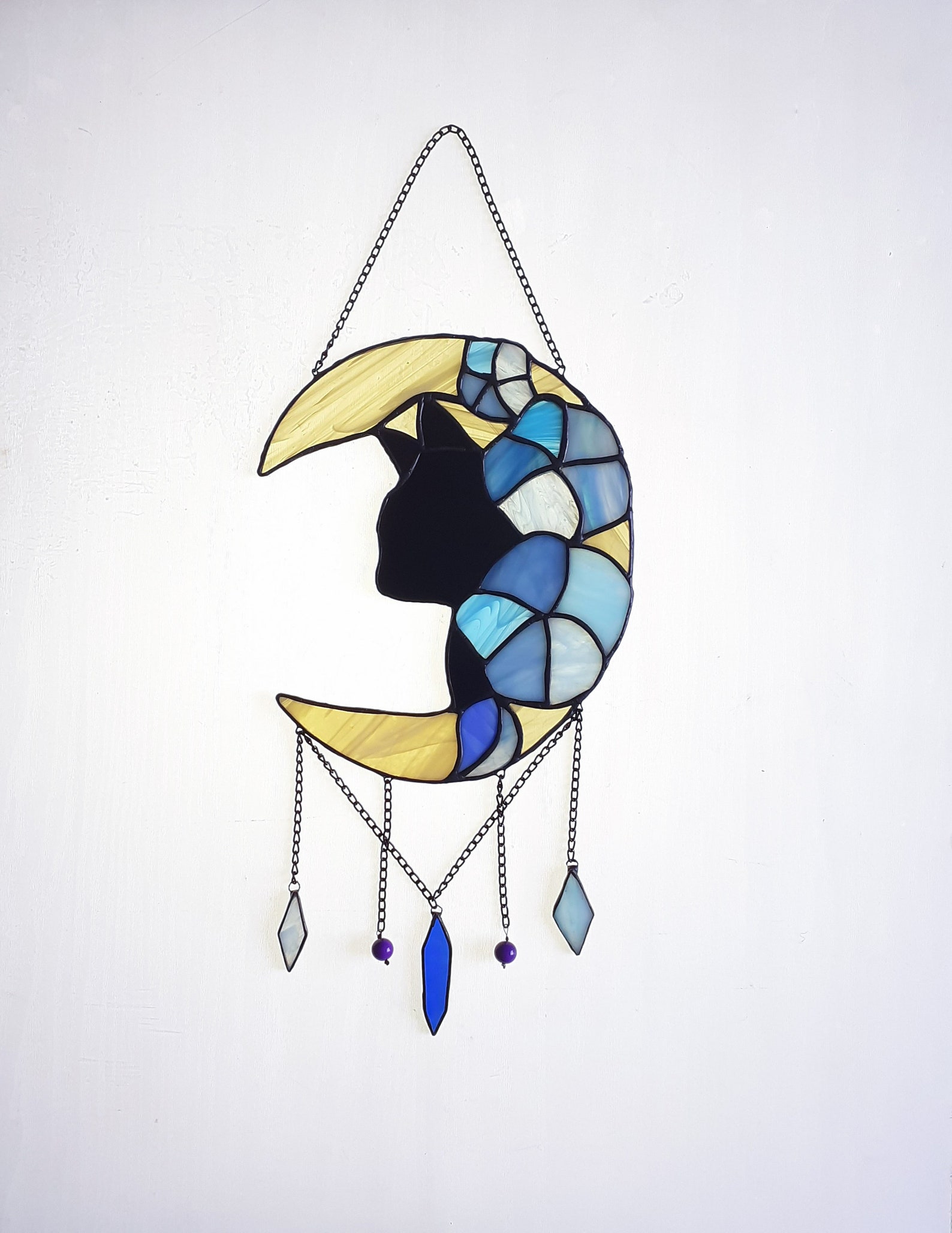 Suncatcher Stained Glass Cat Lucky Cat on Moon Stained Glass - Etsy
