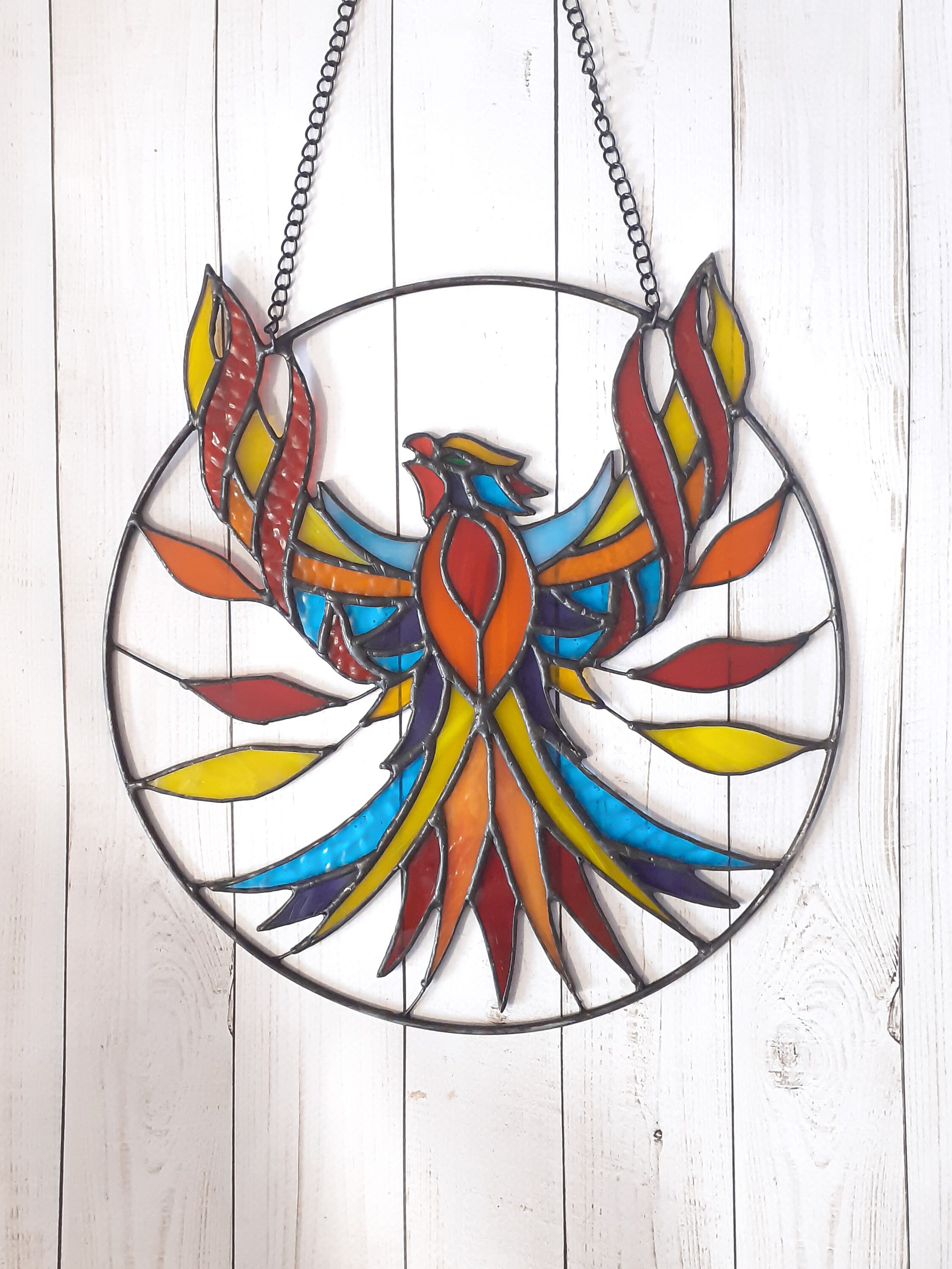 Stained Glass Phoenix Bird Dreamcatcher, Phoenix Wings Bird Suncatcher ...