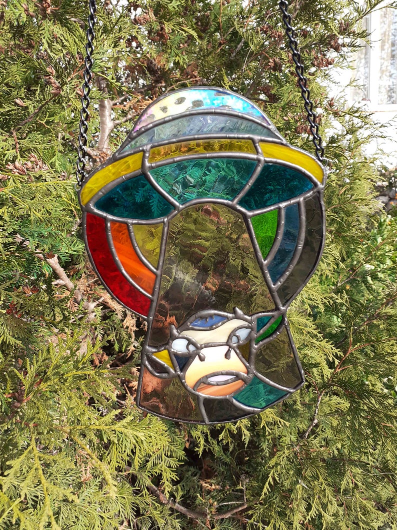 UFO Stained Glass Stained Glass Cow Alien Ufo Suncatcher - Etsy