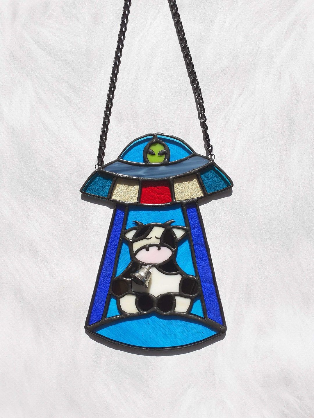 Ufo Suncatcher Ufo Stained Glass Ufo Cow Ornament Alien Stained Glass Stained Glass Window