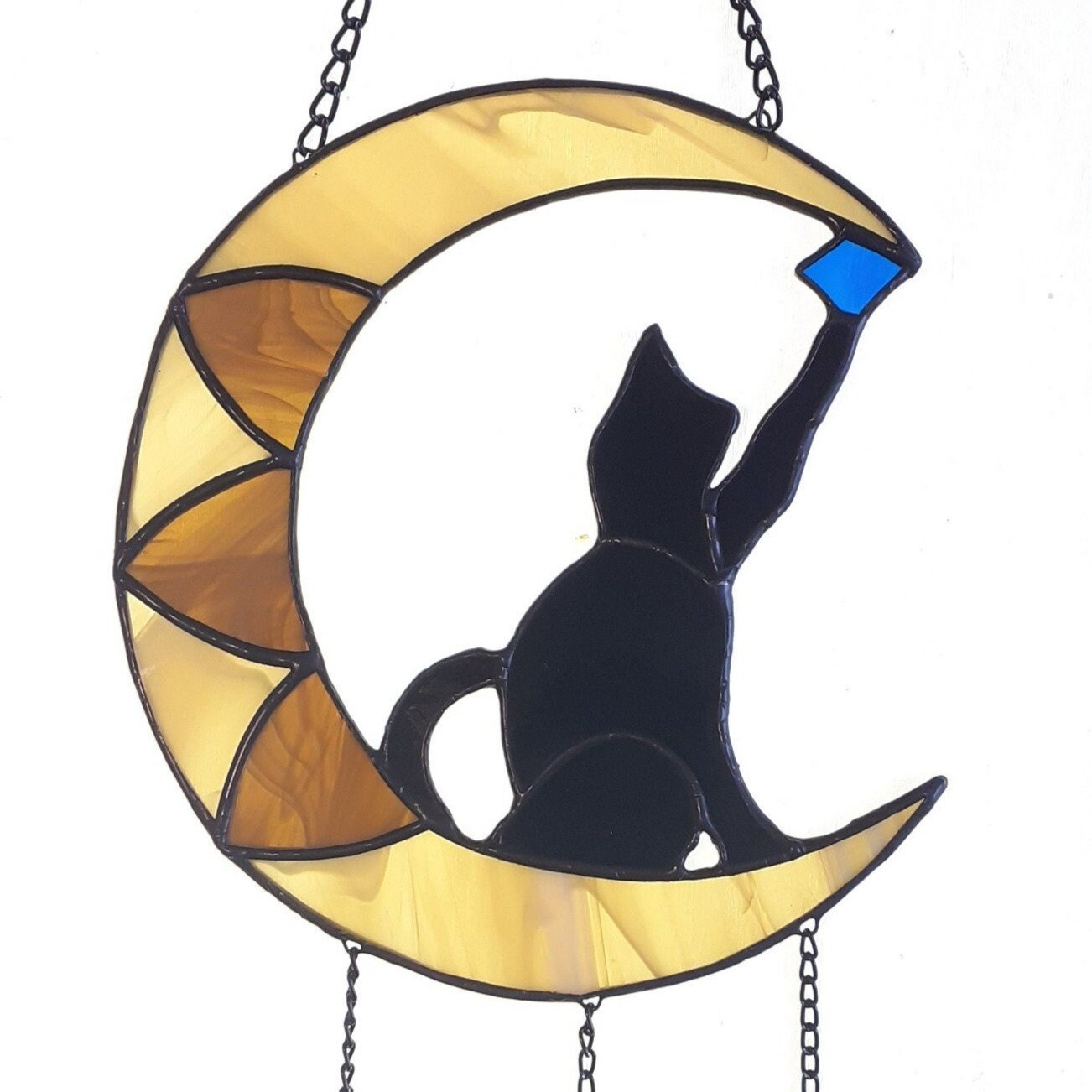 Lucky Cat on Moon Stained Glass Suncatcher, Window Hanging Ornament ...