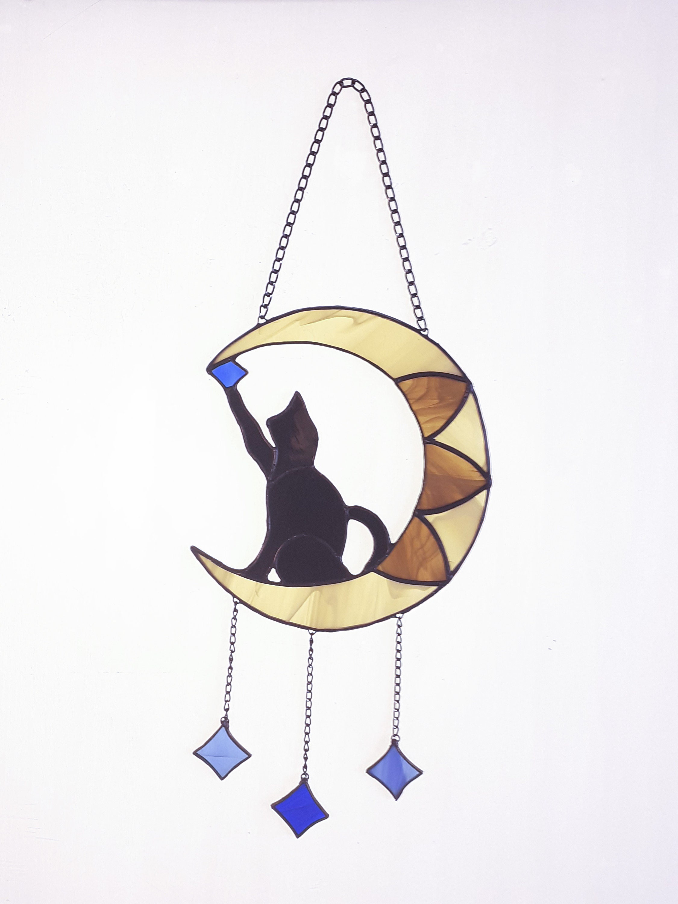 Lucky Cat on Moon Stained Glass Suncatcher, Window Hanging Ornament ...