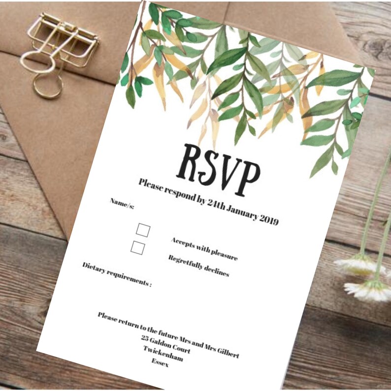 Botanical Green Rsvp Card Insert Personalised RSVP - Etsy