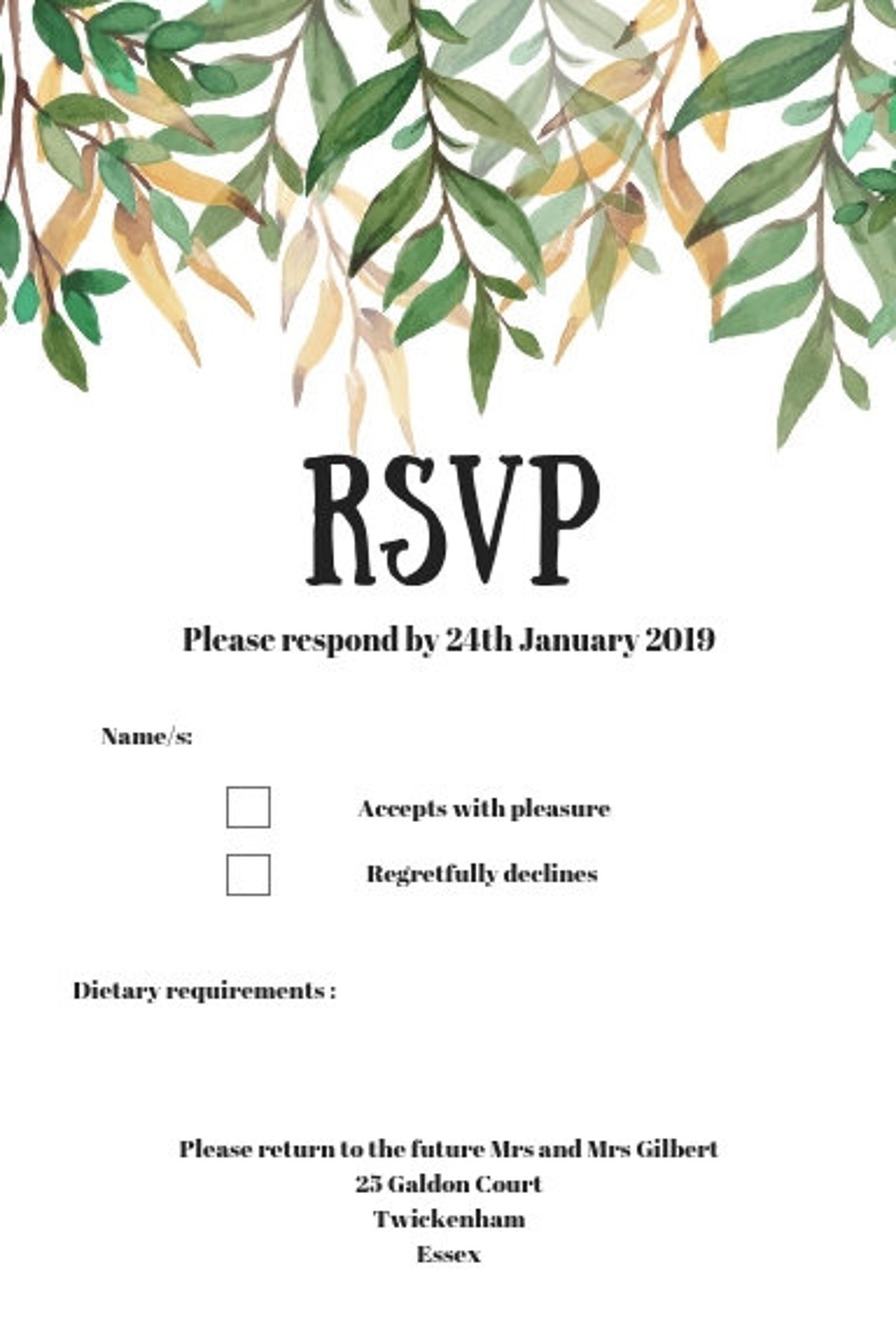Botanical Green Rsvp Card Insert Personalised RSVP - Etsy