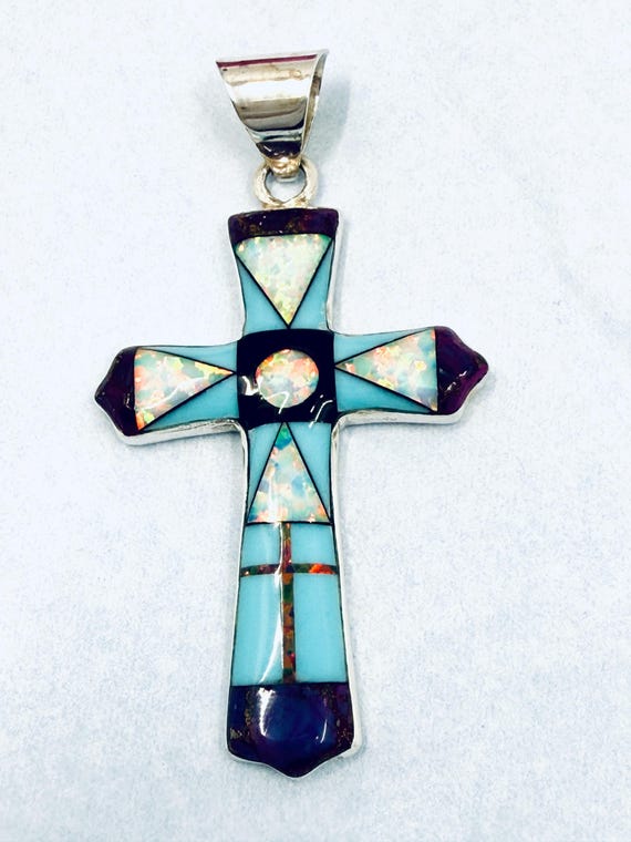 Vintage Turquoise Inlay Cross Pendant in Silver. - Gem