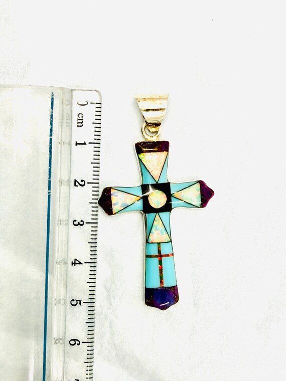 Vintage Turquoise Inlay Cross Pendant in Silver. - Gem