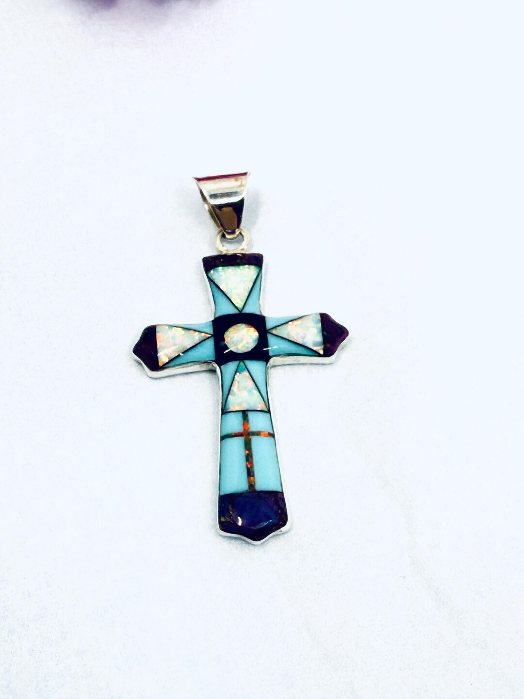 Vintage Turquoise Inlay Cross Pendant in Silver. - Etsy