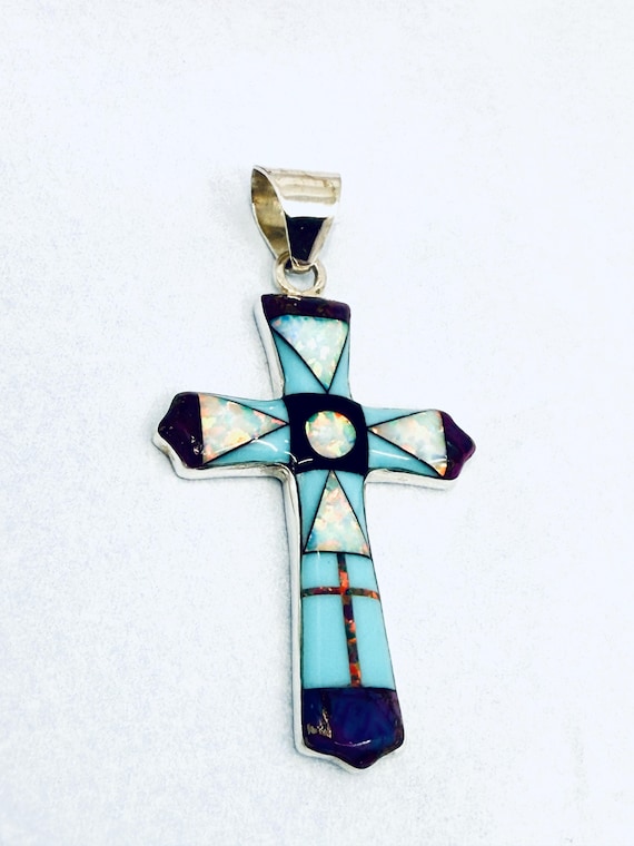 Vintage Turquoise Inlay Cross Pendant in Silver. - Gem