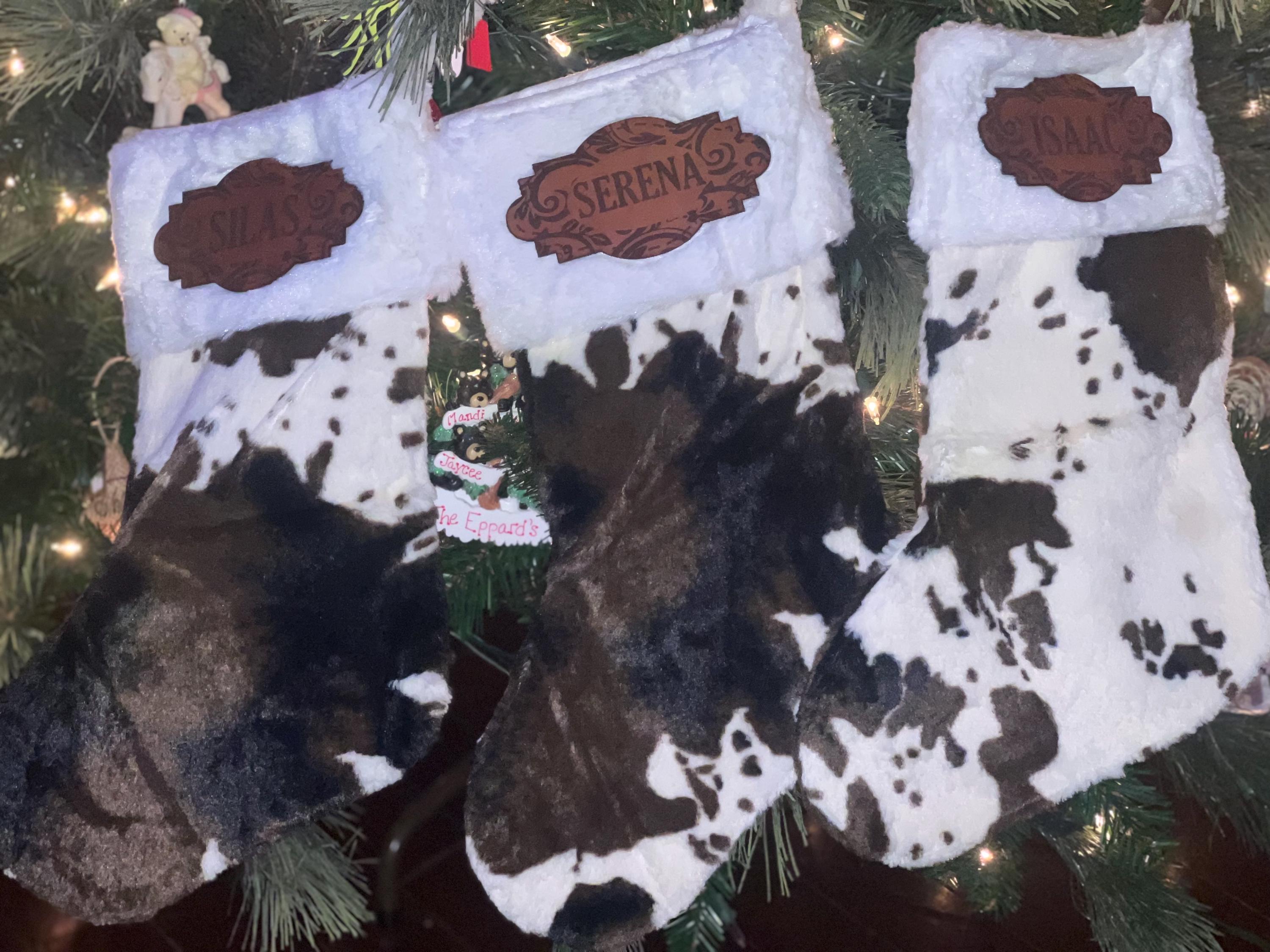 20” Personalized Cow Print Leather Patch Stocking - Etsy