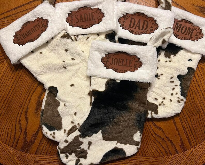 20” Personalized Cow Print Leather Patch Stocking - Etsy