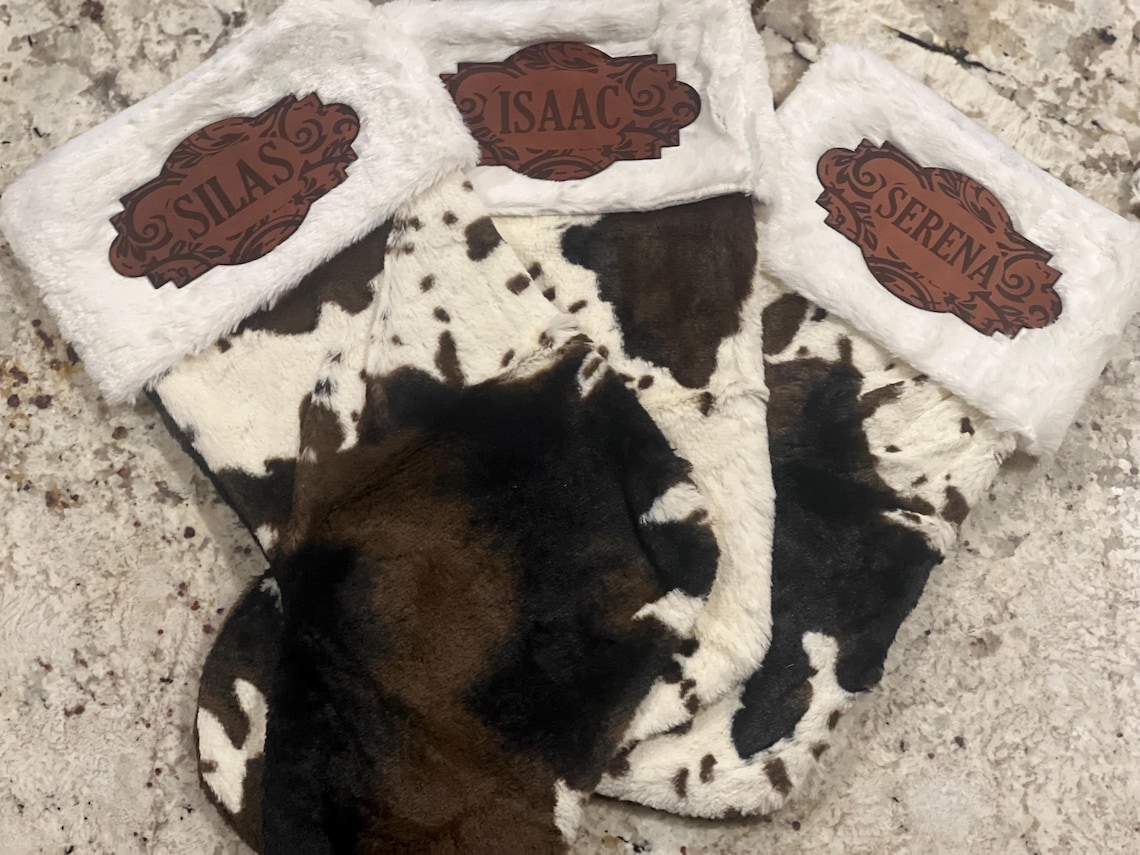 20” Personalized Cow Print Leather Patch Stocking - Etsy