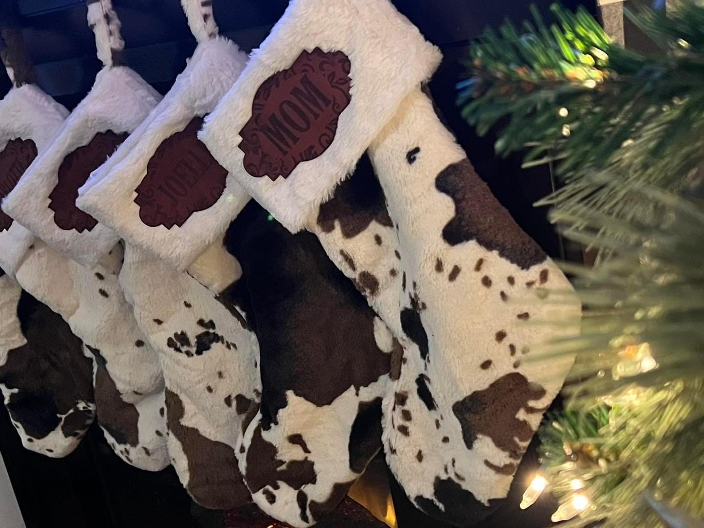 20” Personalized Cow Print Leather Patch Stocking - Etsy