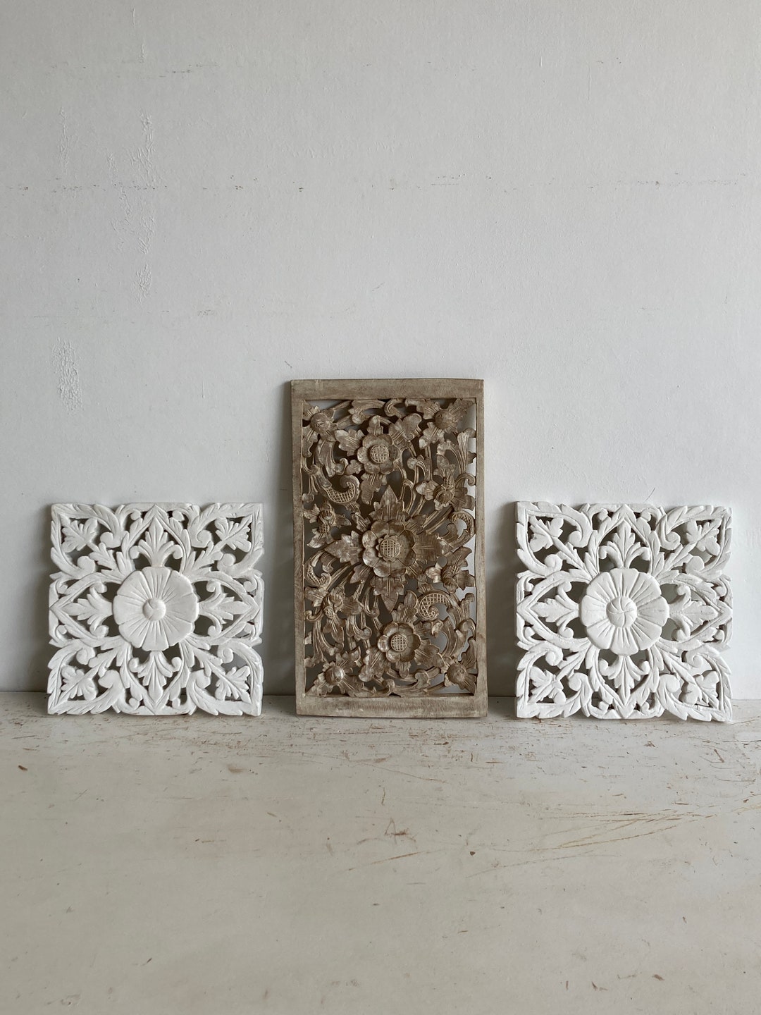 Set of 3 Small Wood Carved Panels, Two Tone White Painted Ornaments ...