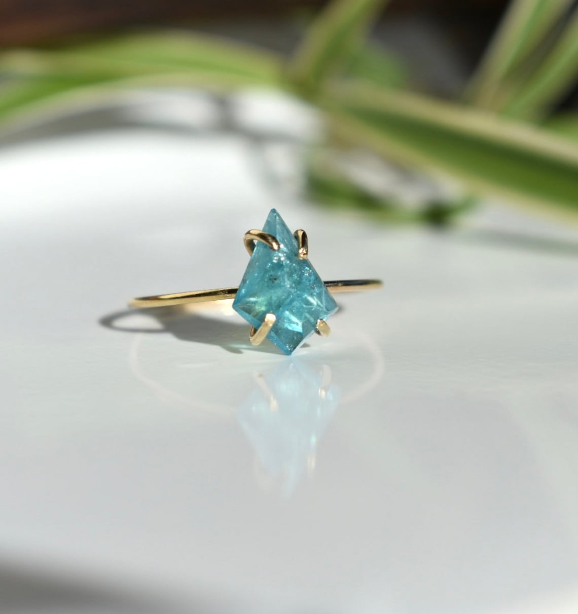 14k Yellow Gold Blue Apatite Ring, Bright Blue Stone Ring, Natural ...