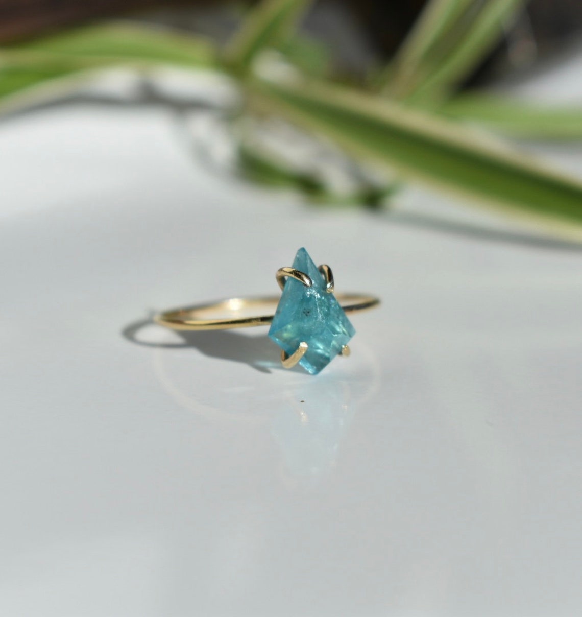 14k Yellow Gold Blue Apatite Ring, Bright Blue Stone Ring, Natural ...