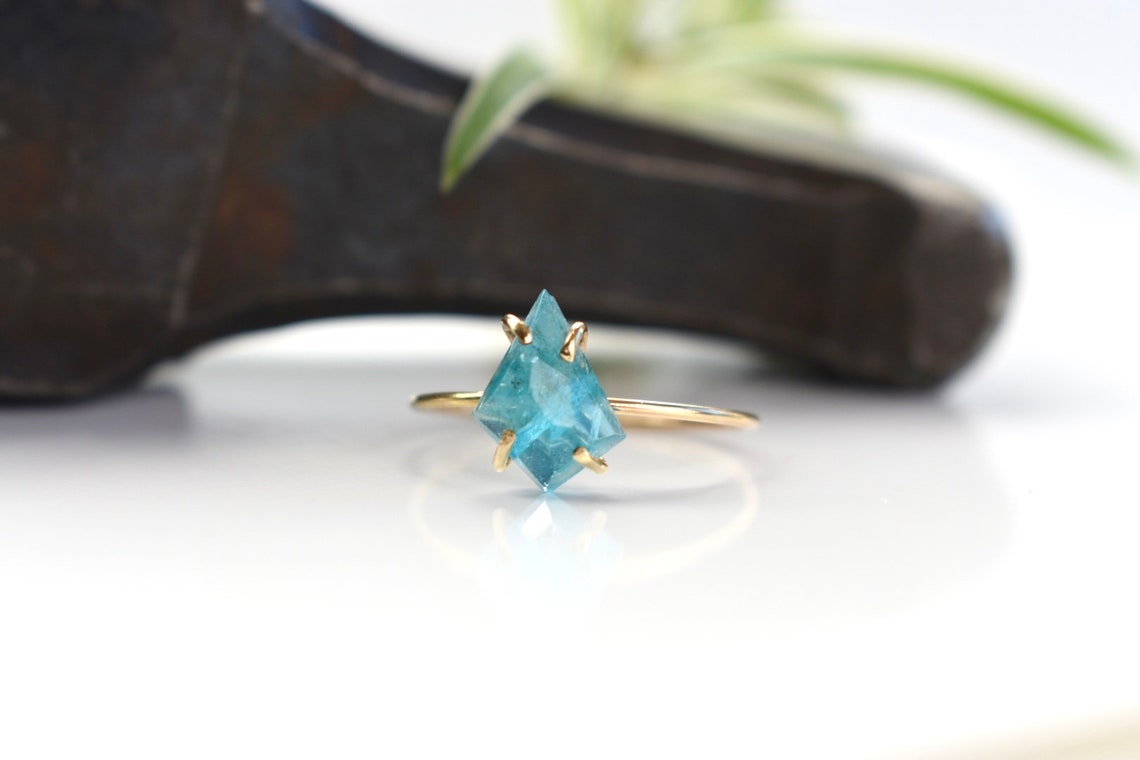 14k Yellow Gold Blue Apatite Ring, Bright Blue Stone Ring, Natural ...