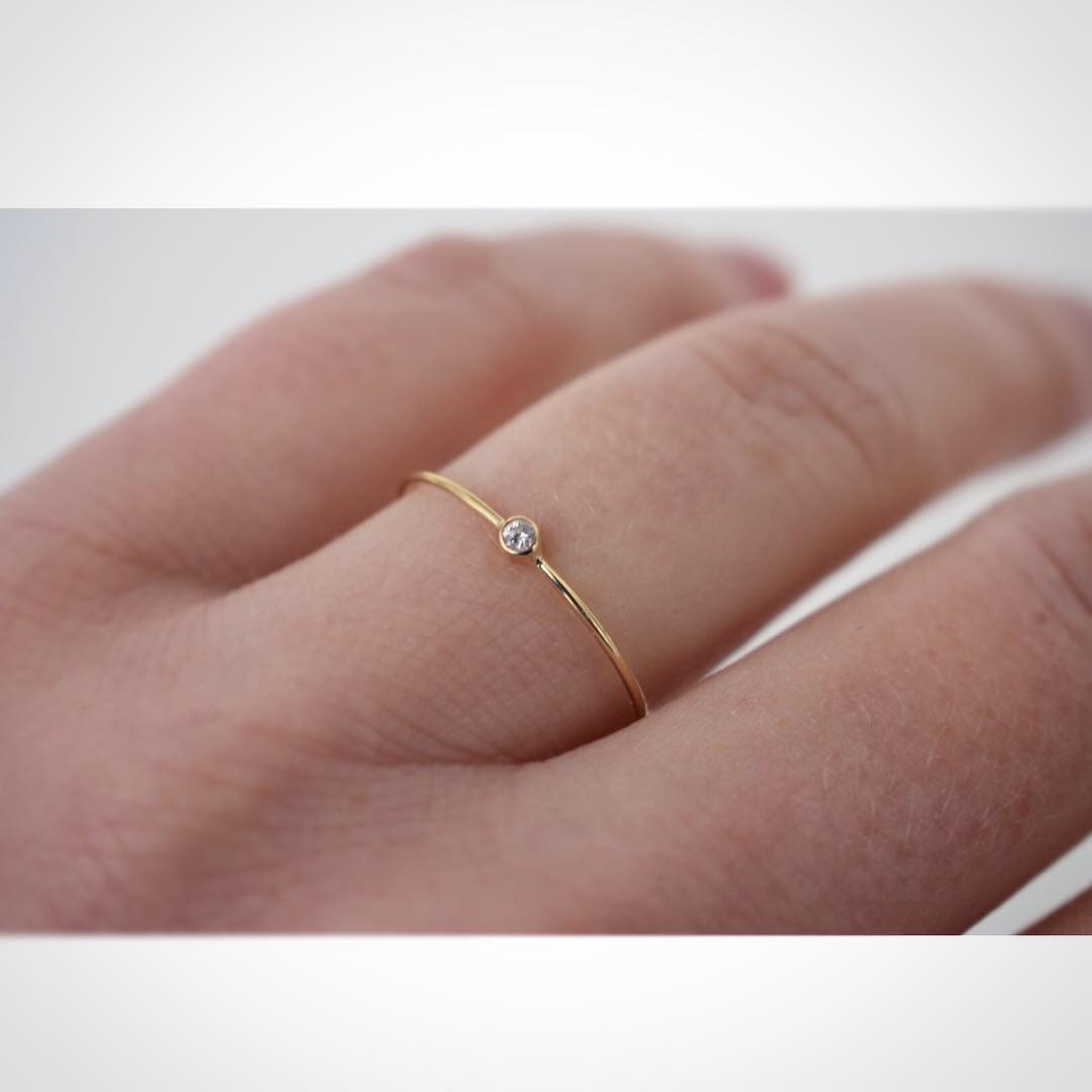 14k Yellow Gold Tiny Diamond Ring, Diamond Ring With Thin Band, Dainty ...