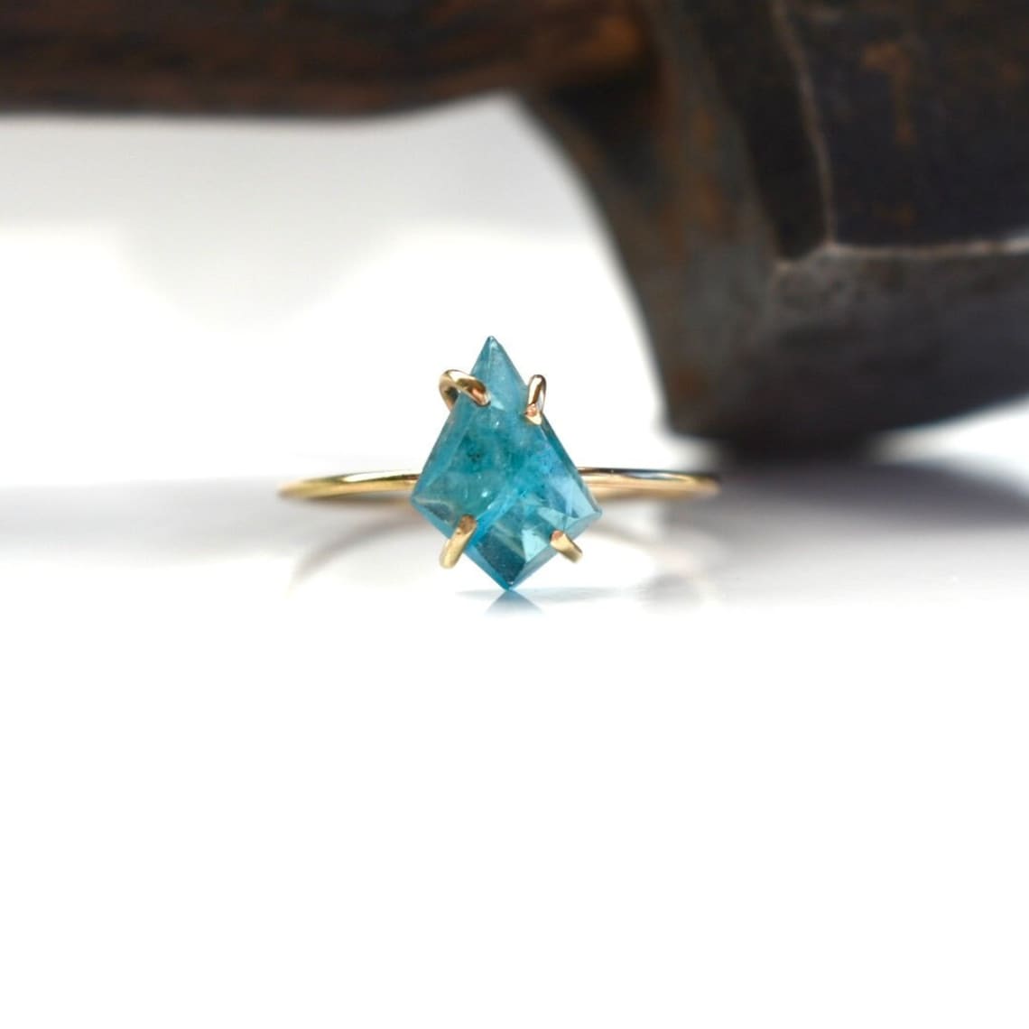 14k Yellow Gold Blue Apatite Ring, Bright Blue Stone Ring, Natural ...