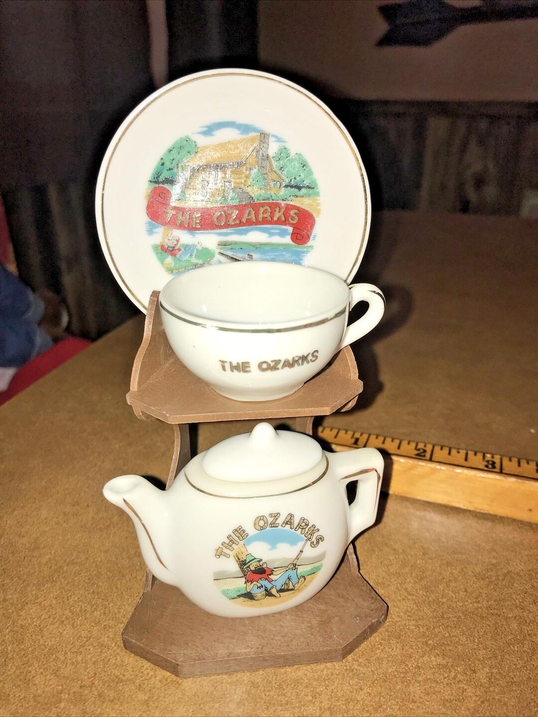 The Ozarks Miniature Tea Set and Stand Cup Saucer Plate Vintage ...