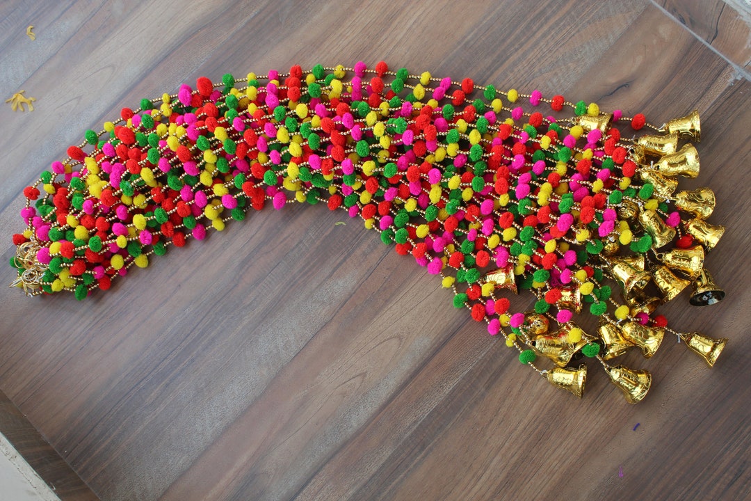 Multicolour Pom Pom String Indian Decor Pom Pom Bells Strings Garland ...