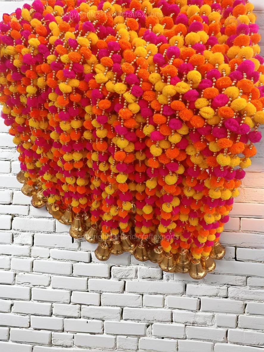 Multicolour Pom Pom String Indian Decor Pom Pom Bells Strings Garland ...