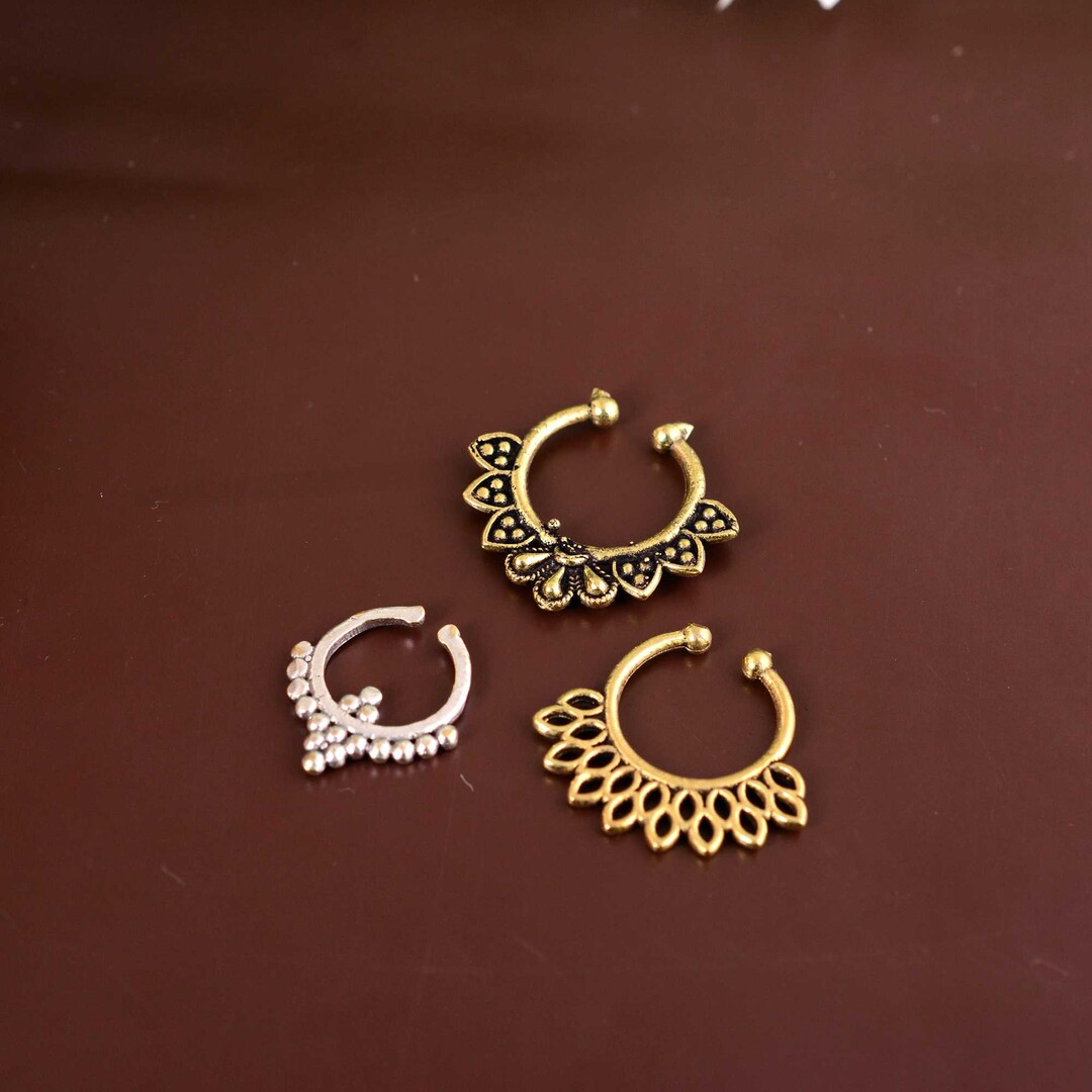 7 Pcs Indian Septum, Flower Nose Ring, Brass Septum, Gold Septum ...