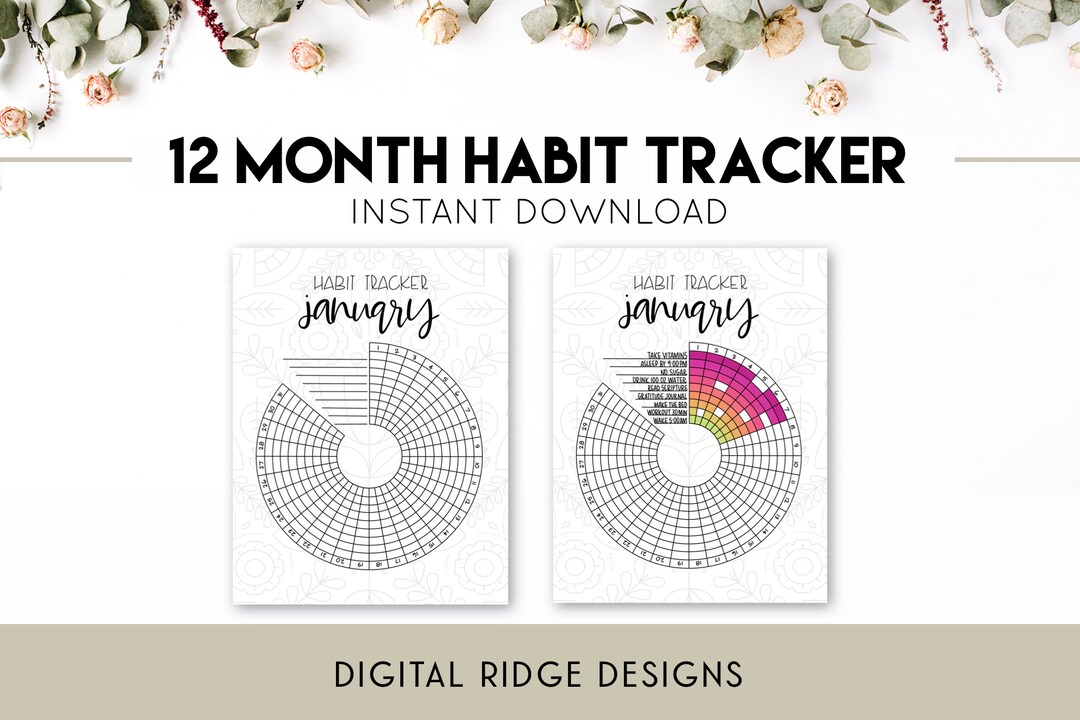 12 Month Circle Habit Tracker | Single Floral Pattern | Instant ...