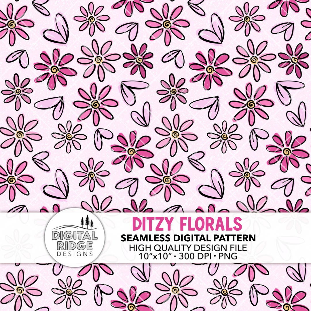 Ditzy Pink Florals Hand-drawn Seamless Pattern File, 300 DPI PNG ...
