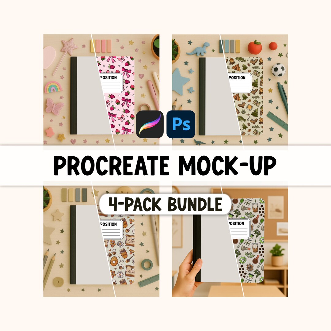 Composition Notebook 4 Pack Bundle Cover Mockup Editable Template ...