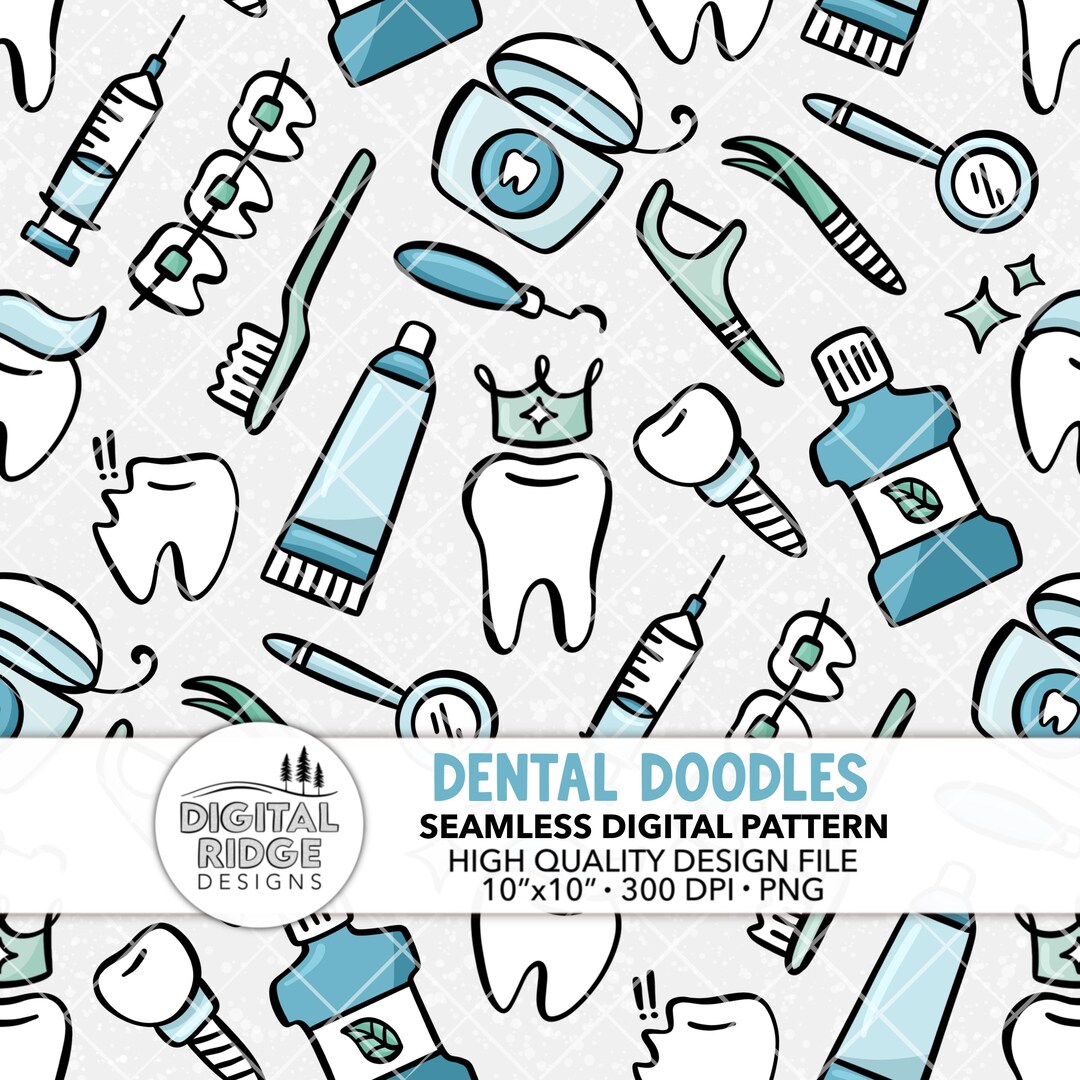 Dental Doodles Hand-drawn Seamless Pattern File, 300 DPI PNG, Instant ...