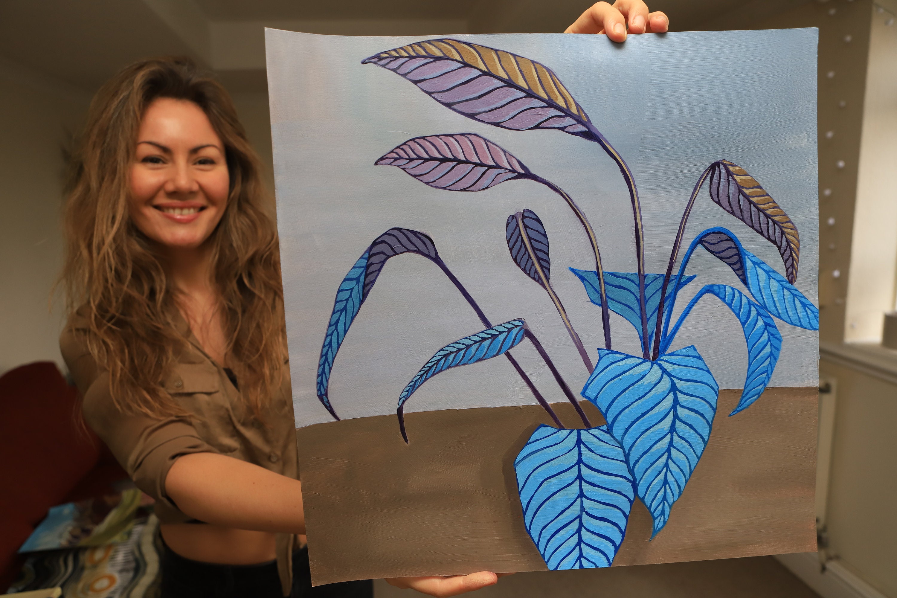 Original Oil Painting - Calathea Plant in Blue and Brown - Etsy