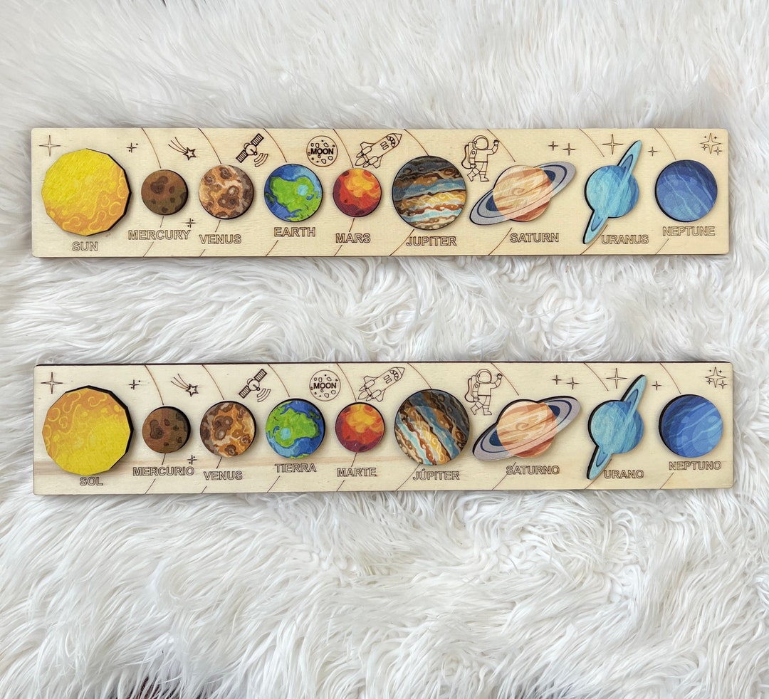 Handmade Wooden Solar System Puzzle in English, Sun and Planets Wooden ...