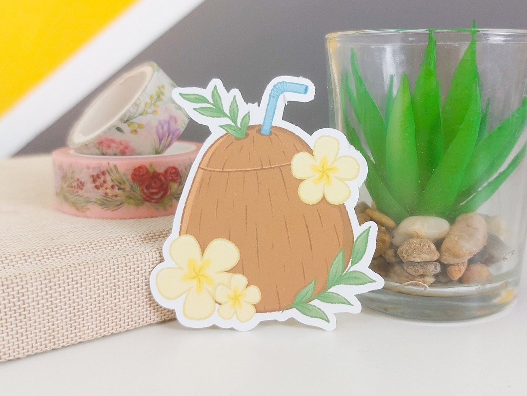 Coconut Cocktail Vinyl Sticker Hibiscus Flowers Cocktail Glass Cute ...