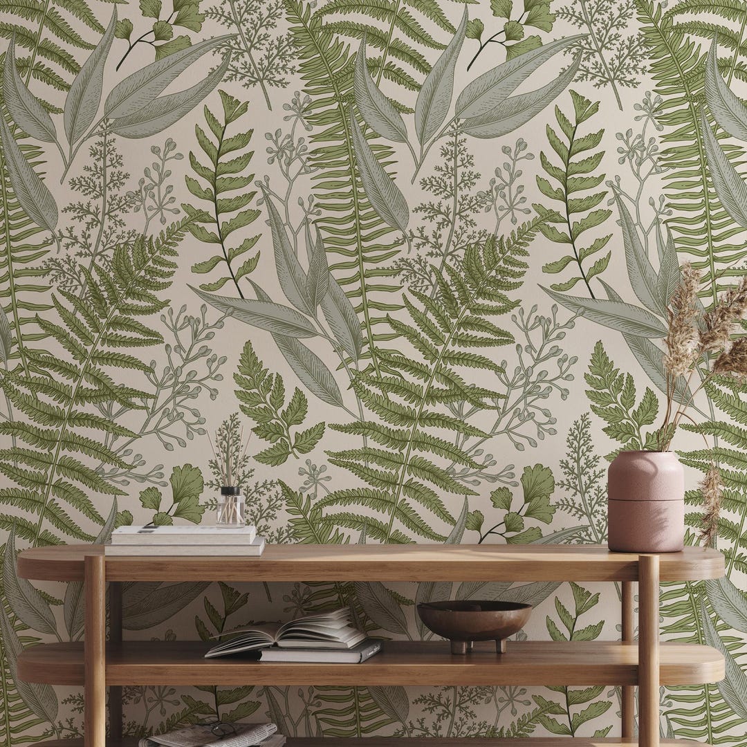 Botanical Wallpaper | Beautiful Ferns Peel & Stick Mural | Herbal Green ...