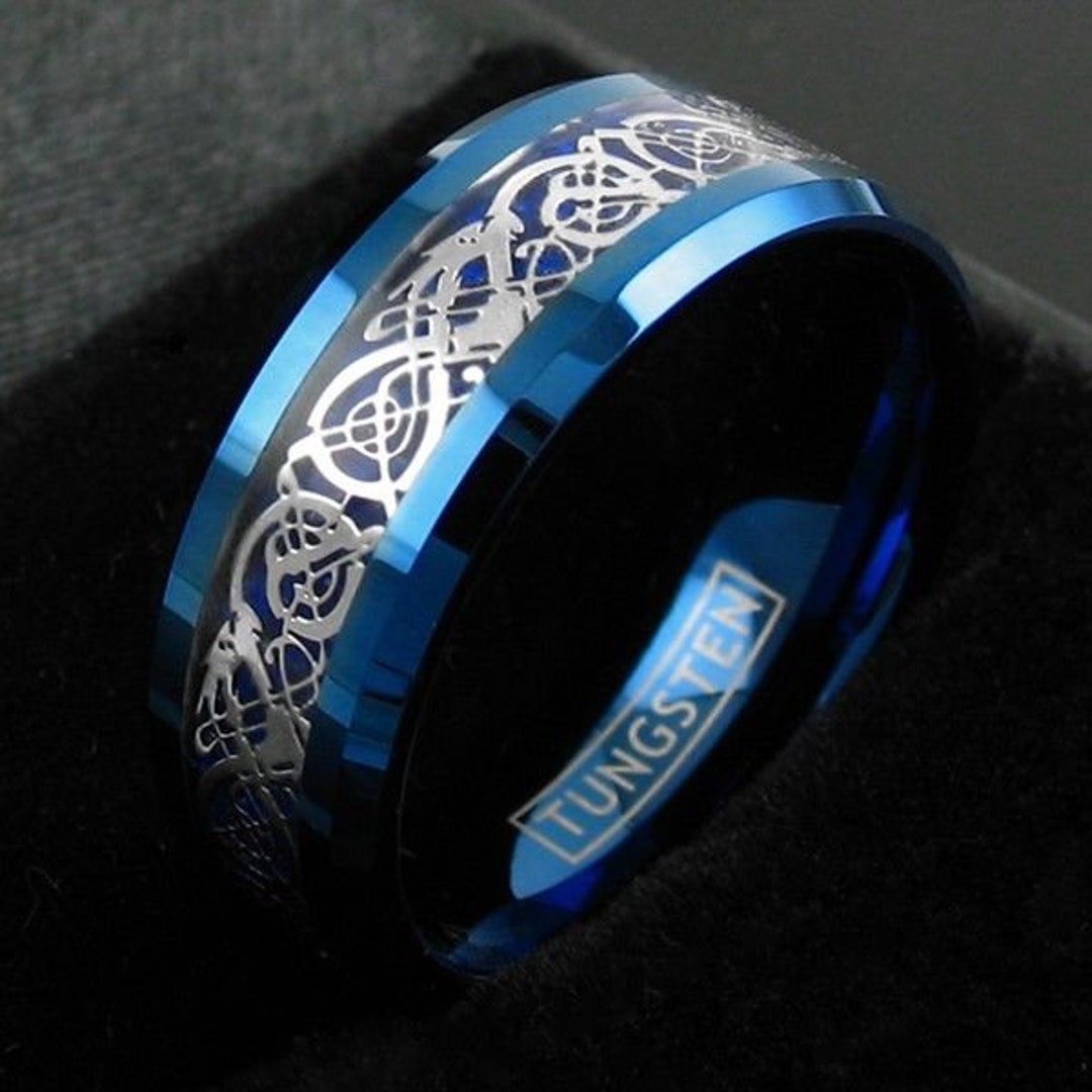 Tungsten Blue Ring Celtic Dragon Blue Carbon Fiber Men's Ring - Etsy