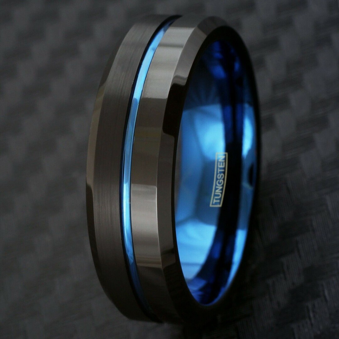 Mens Blue Line Tungsten Ring Black Polished Wedding Band Ring in 8mm ...