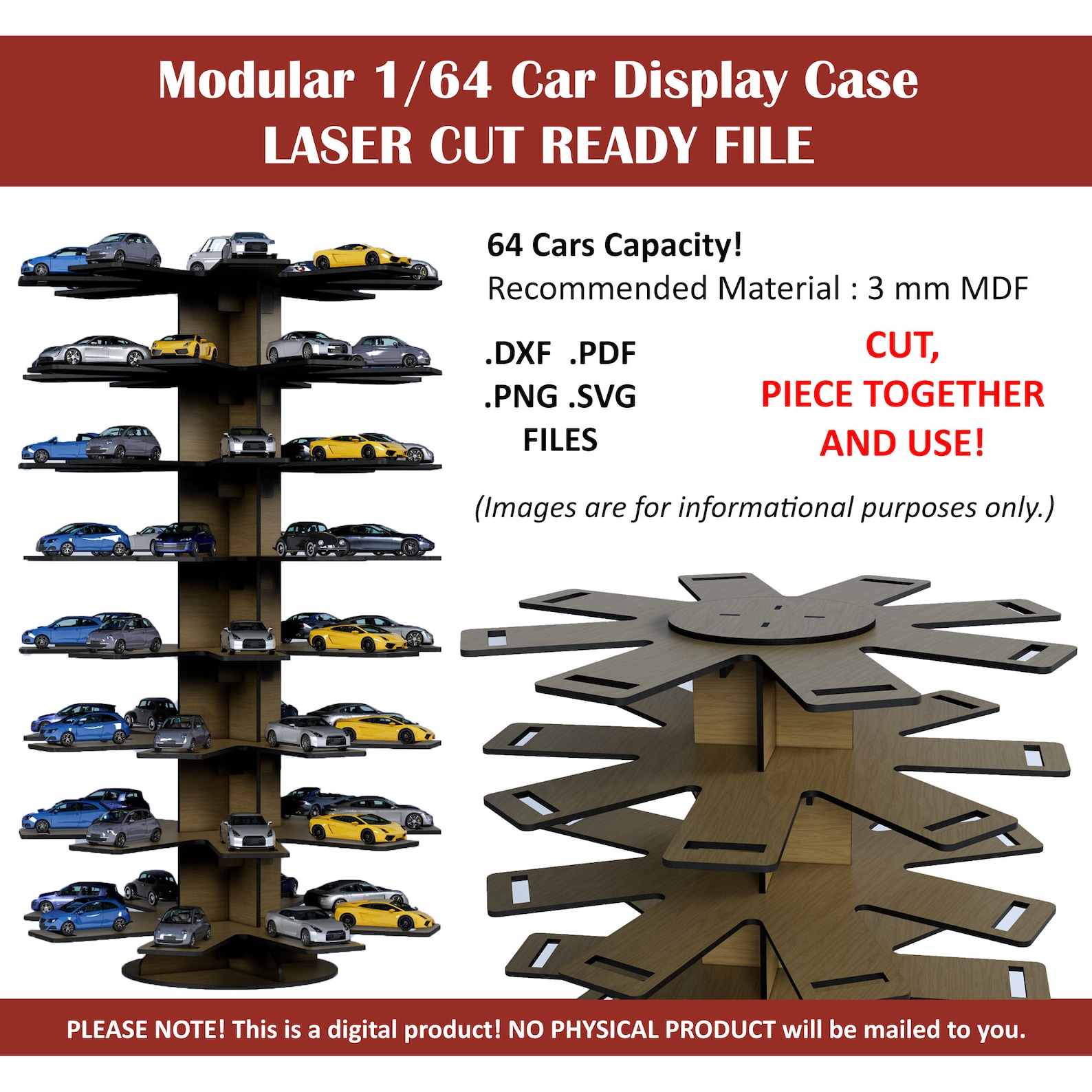 Modular 1/64 Car Display Case Files 64 Diecast Cars Capacity Laser Cut ...