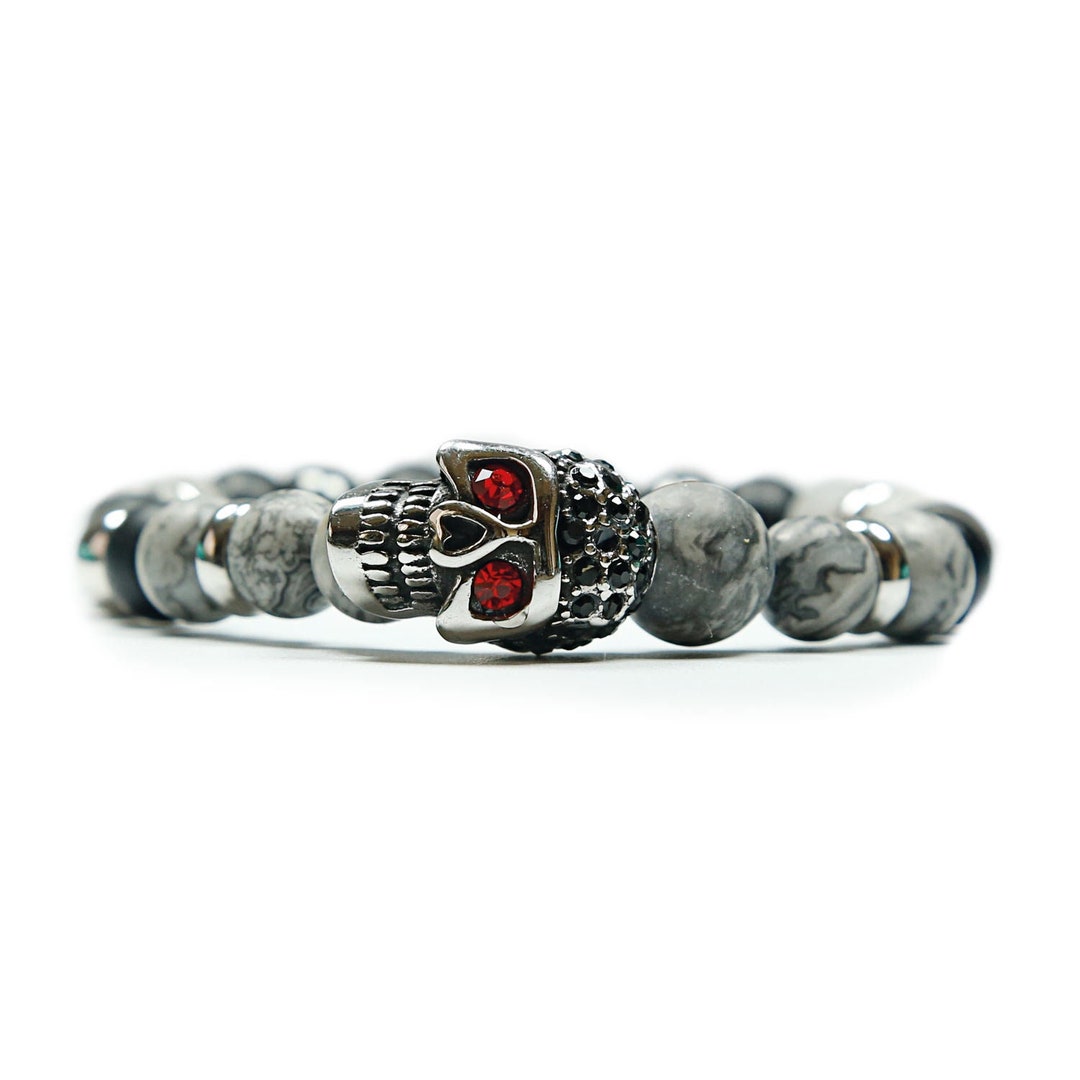 Phoenix Jasper Skull Bracelet Grey Black Biker Beaded Bracelet ...