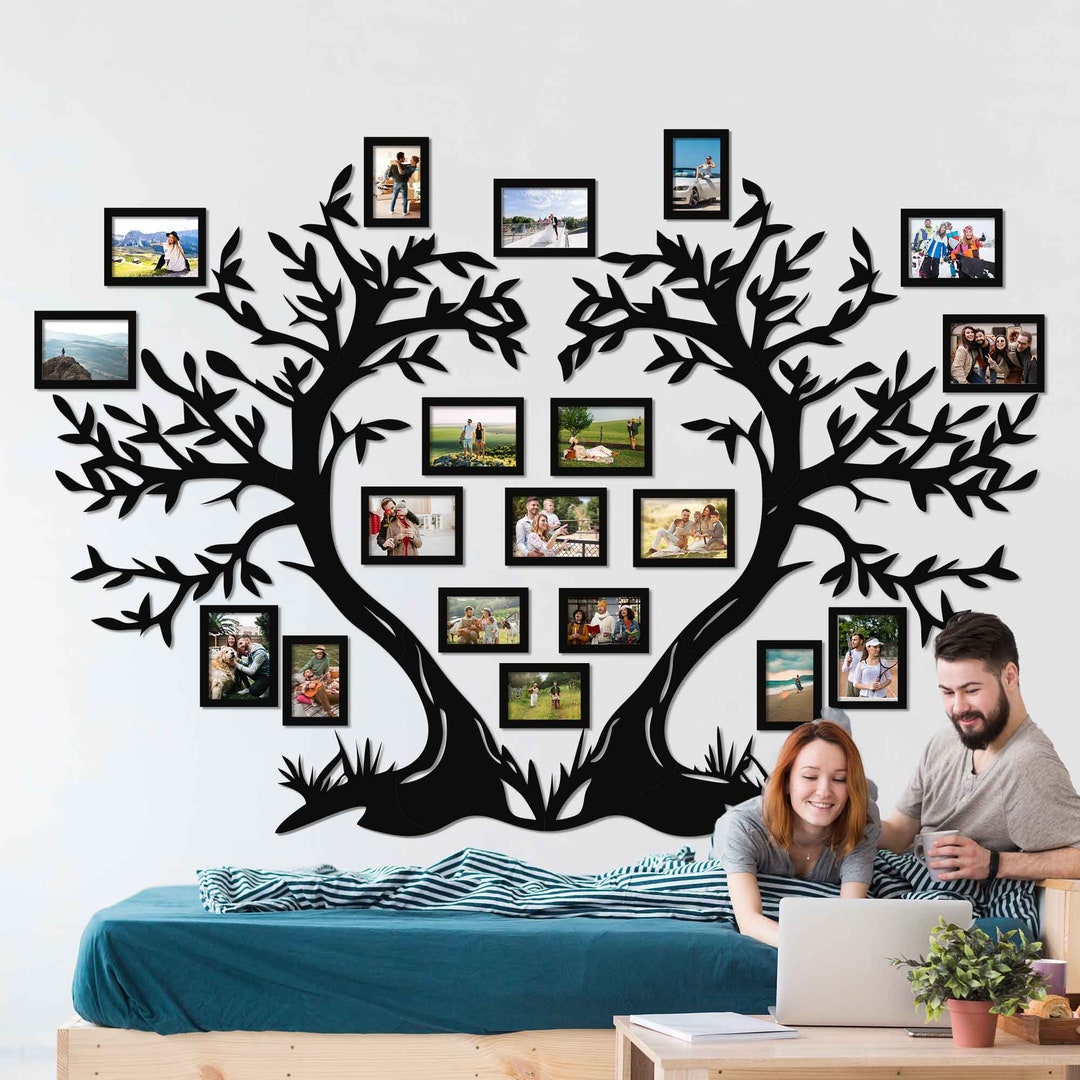 Large Family Tree Art With Photo Frames - Wooden Wall Décor for Collage ...