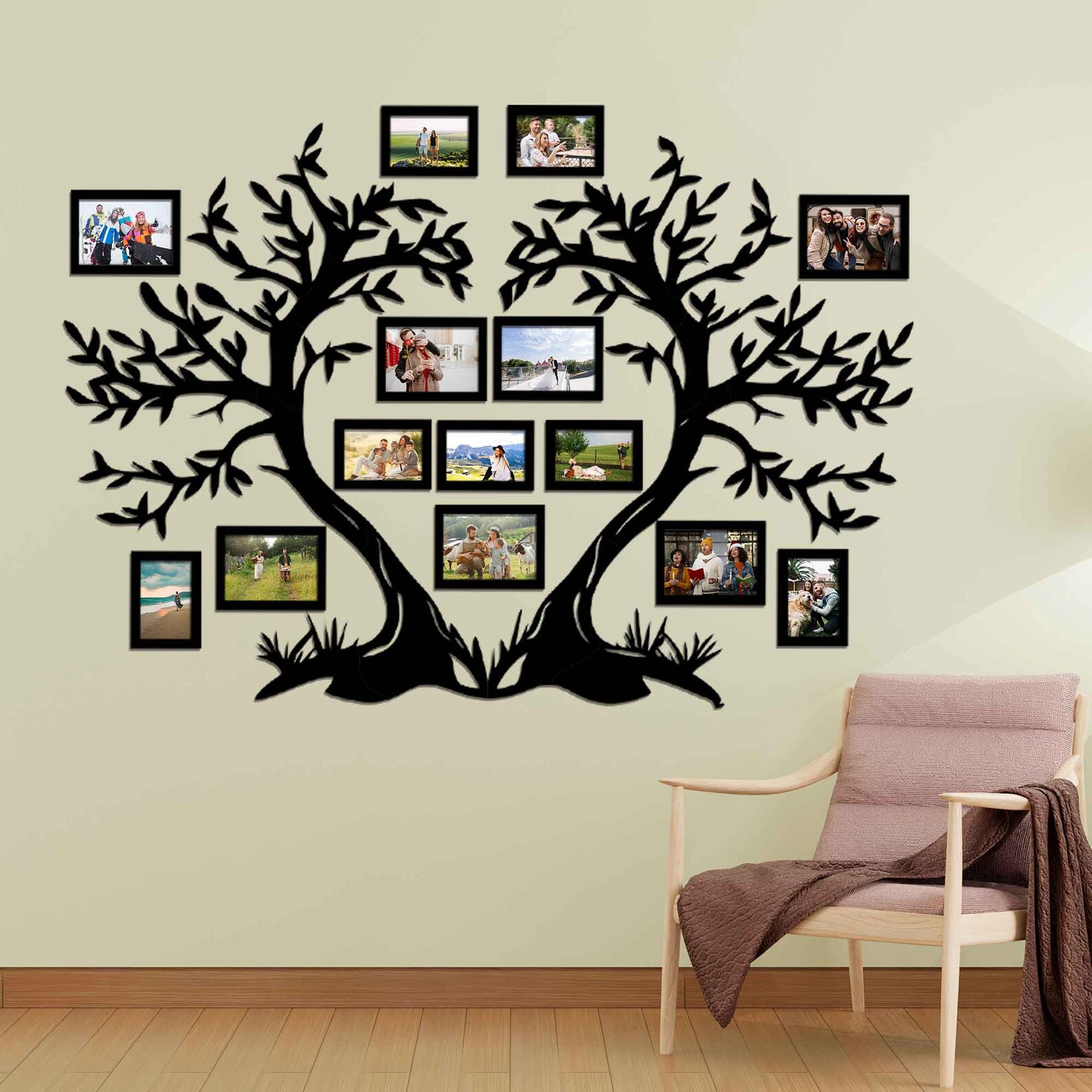 Wooden Family Tree With Photo Frames, Family Tree Art, Large Tree of ...