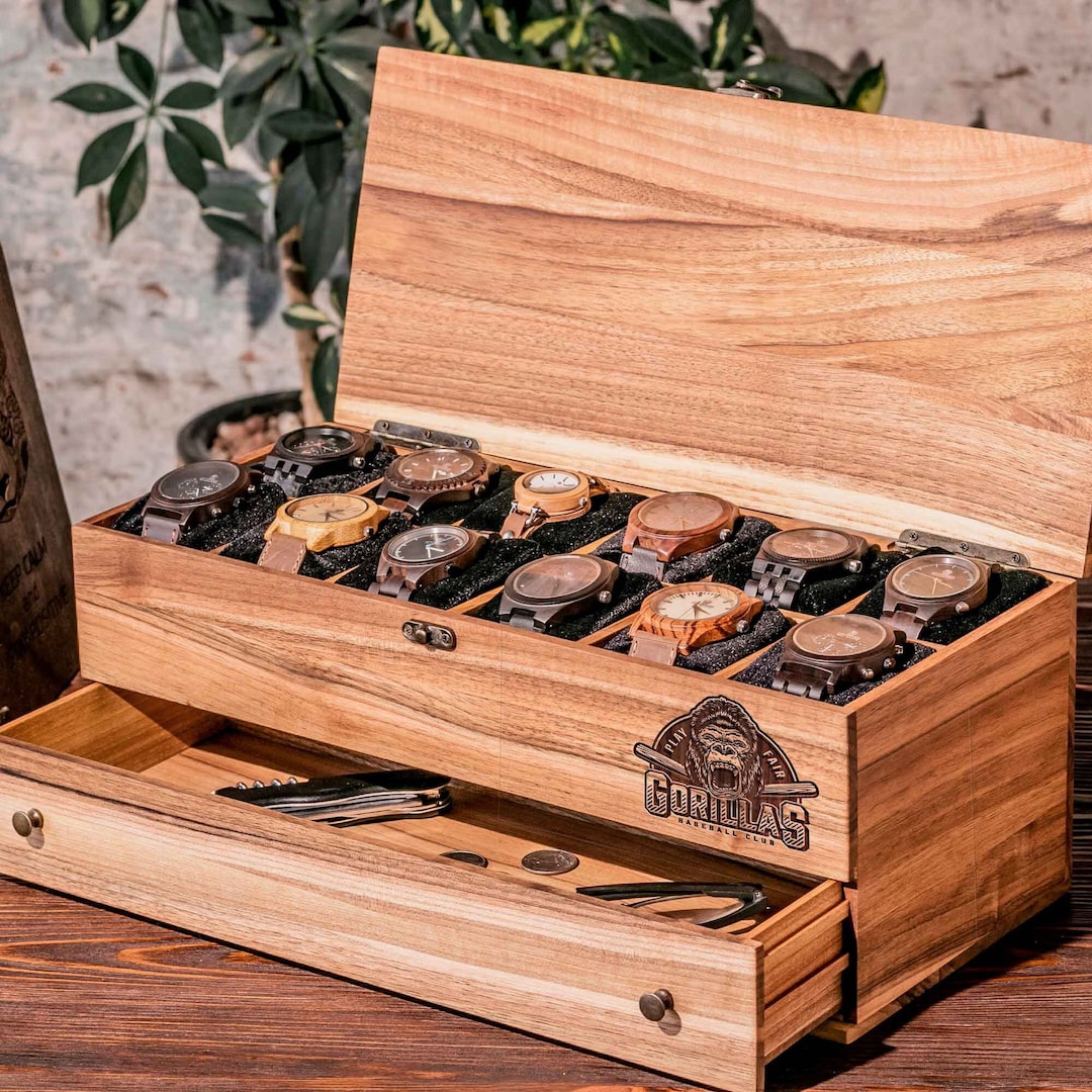Watch Box With Glass Lid, Wood Watch Box Drawer, 5th Anniversary Gift ...