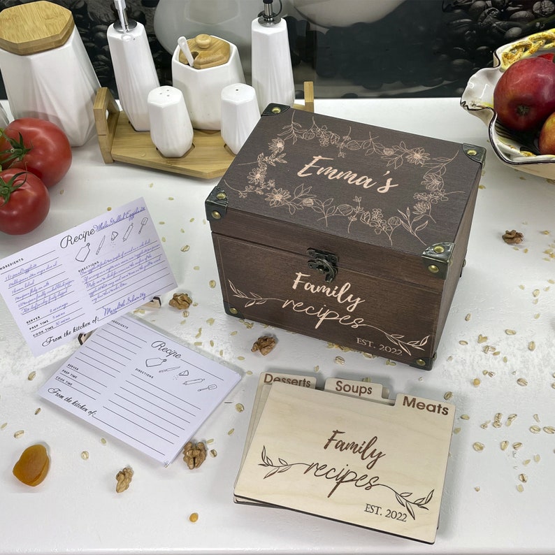 Recipe Card Box With Dividers and Recipe Cards Сustom Engraved Recipe ...