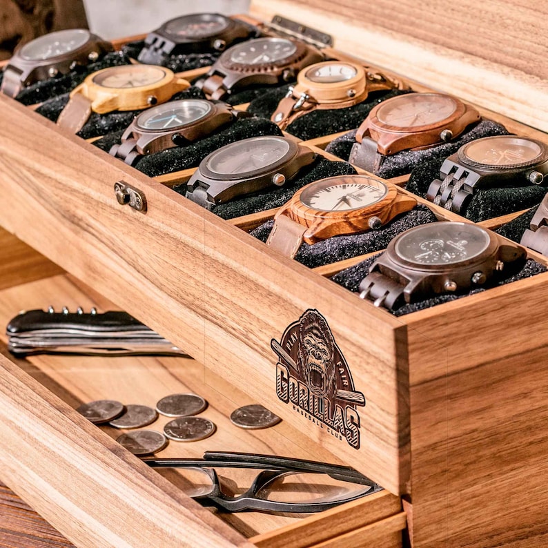 Watch Box With Glass Lid, Wood Watch Box Drawer, 5th Anniversary Gift ...