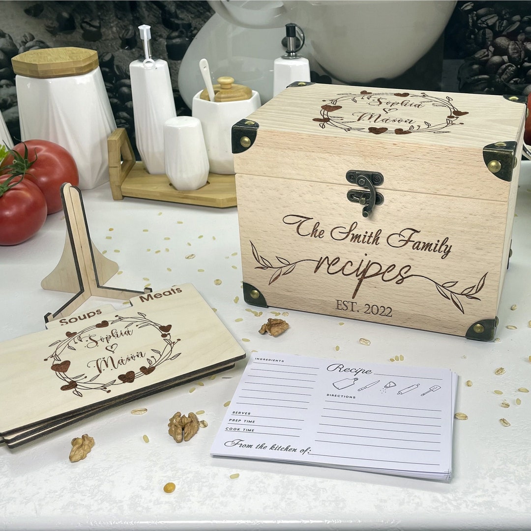 Wooden Recipe Card Box With 9 Dividers and Recipe Cards Housewarming ...